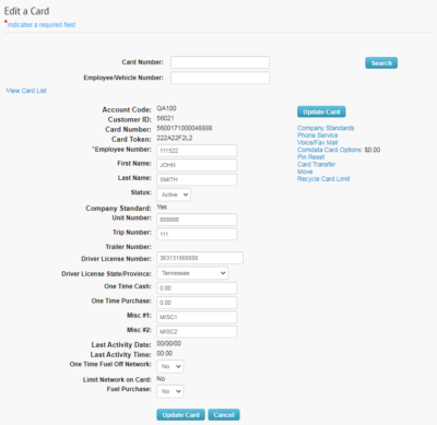 Classic Card Maintenance: Edit a Proprietary Card - Comdata Resource Center